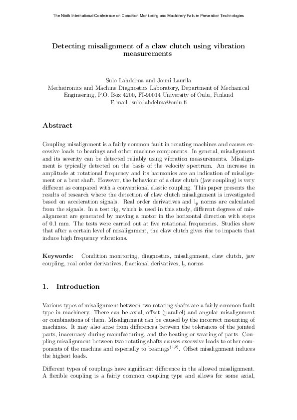 Pdf Detecting Misalignment Of A Claw Clutch Using Vibration Measurements