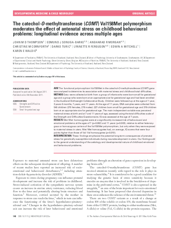 (PDF) Catechol-o-methyl transferase (COMT) val158met polymorphism and ...