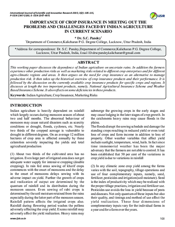 (PDF) IMPORTANCE OF CROP INSURANCE IN MEETING OUT THE PROBLEMS AND ...