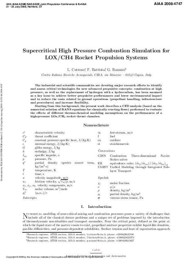 (PDF) Supercritical High Pressure Combustion Simulation for LOX/CH4 Rocket Propulsion Systems