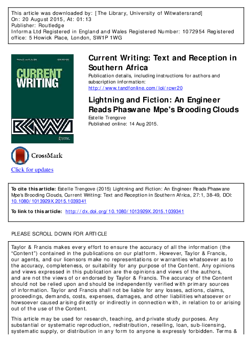 (PDF) Lightning and Fiction: An Engineer reads Phaswane Mpe's Brooding Clouds