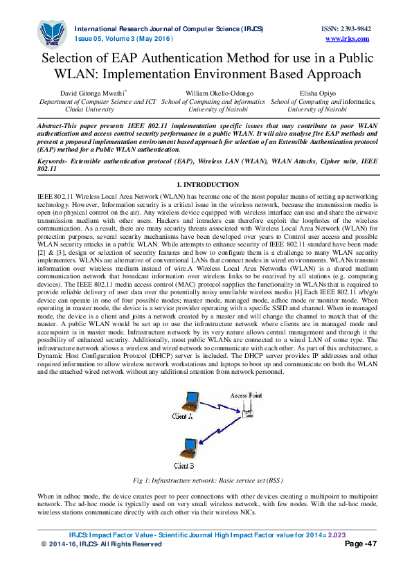 Pdf Selection Of Eap Authentication Method For Use In A Public Wlan Implementation