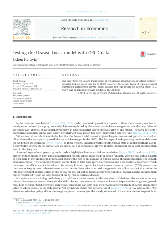 (PDF) Testing the Uzawa–Lucas model with OECD data | Jochen Hartwig ...