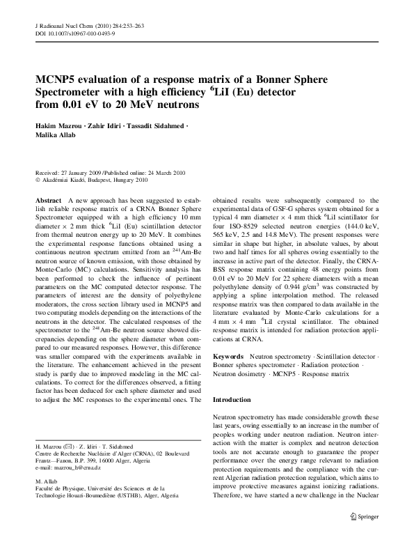 (PDF) MCNP5 evaluation of a response matrix of a Bonner Sphere Spectrometer with a high ...