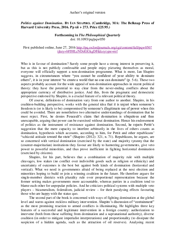 (PDF) Review of Ian Shapiro's Politics against Domination (The ...