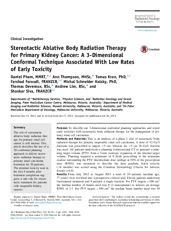 (PDF) Stereotactic Ablative Body Radiation Therapy for Primary Kidney Cancer: A 3-Dimensional ...