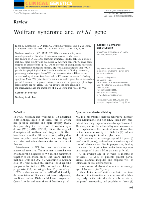 (PDF) Wolfram Syndrome and WFS1 Gene Mutations