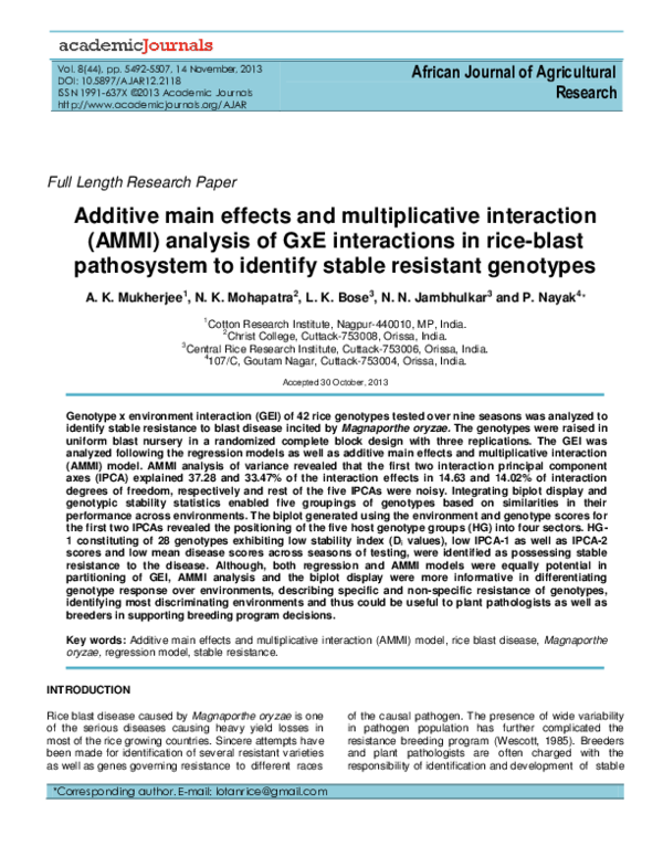 PDF Additive Main Effects And Multiplicative Interaction AMMI And PDF Additive Main Effects And Multiplicative Interaction AMMI And