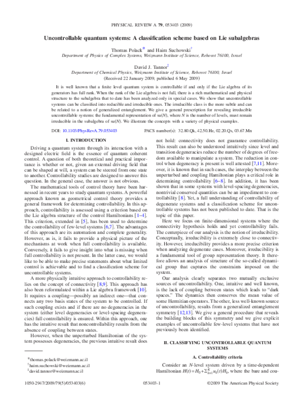 (PDF) Uncontrollable quantum systems: A classification scheme based on Lie subalgebras
