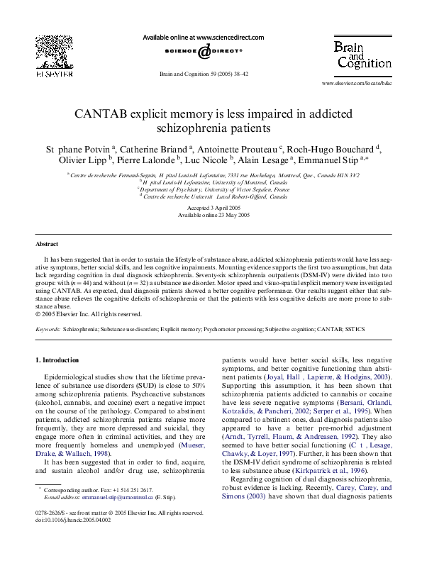 (PDF) CANTAB explicit memory is less impaired in addicted schizophrenia ...