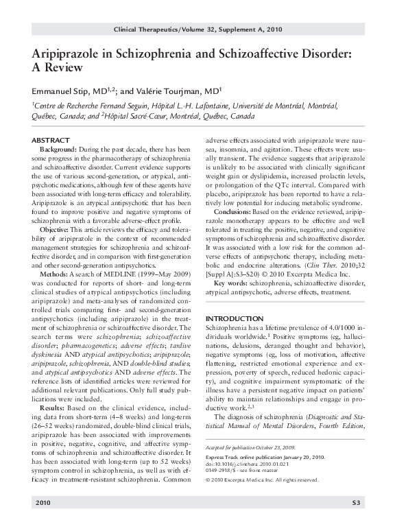 (PDF) Aripiprazole in schizophrenia and schizoaffective disorder: A ...