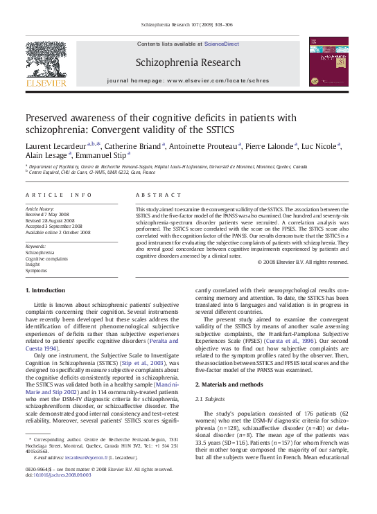(PDF) Preserved awareness of their cognitive deficits in patients with ...