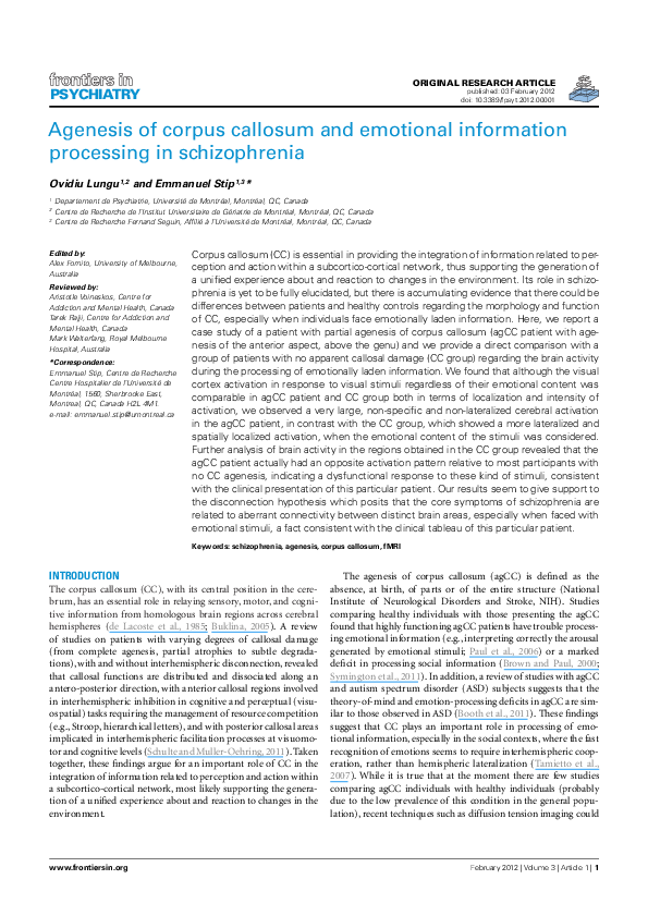 (PDF) Agenesis of Corpus Callosum and Emotional Information Processing ...