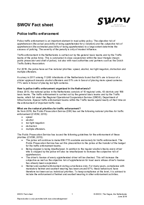 (PDF) SWOV Fact sheet Police traffic enforcement