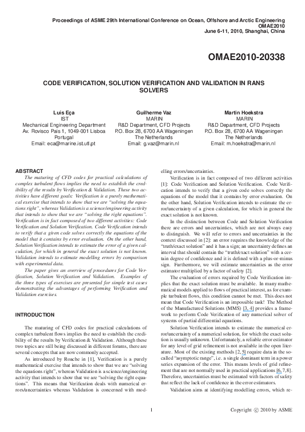(PDF) Code Verification, Solution Verification and Validation in RANS ...