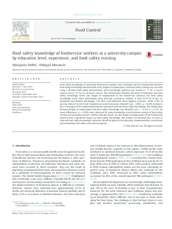 (PDF) Food safety knowledge of foodservice workers at a university ...