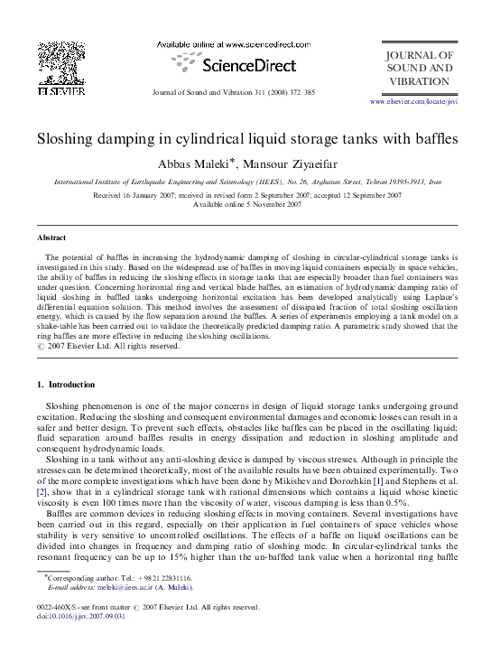 (PDF) Sloshing damping in cylindrical liquid storage tanks with baffles