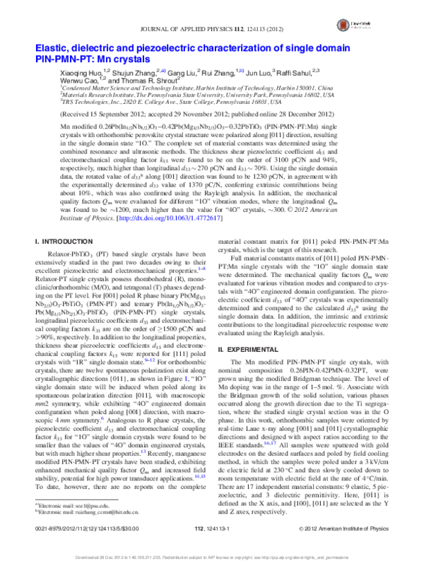 Pdf Elastic Dielectric And Piezoelectric Characterization Of Single