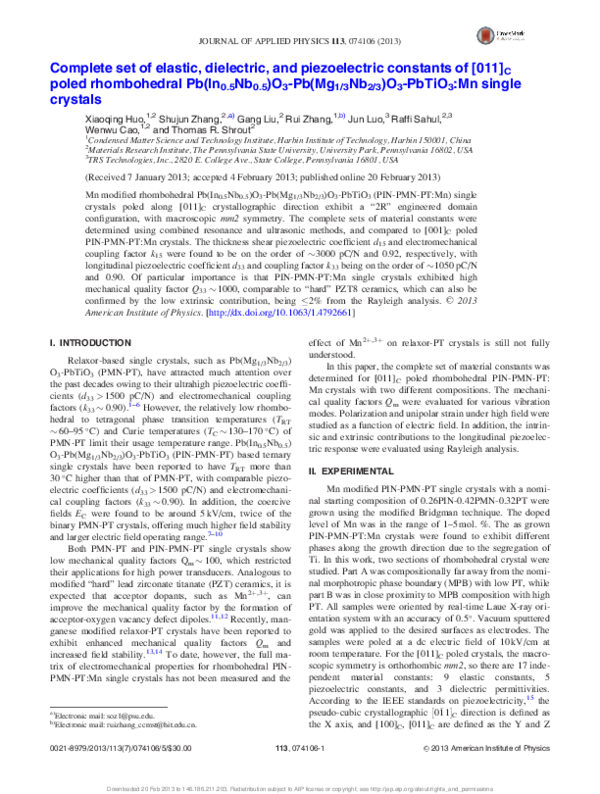 Pdf Complete Set Of Elastic Dielectric And Piezoelectric Constants