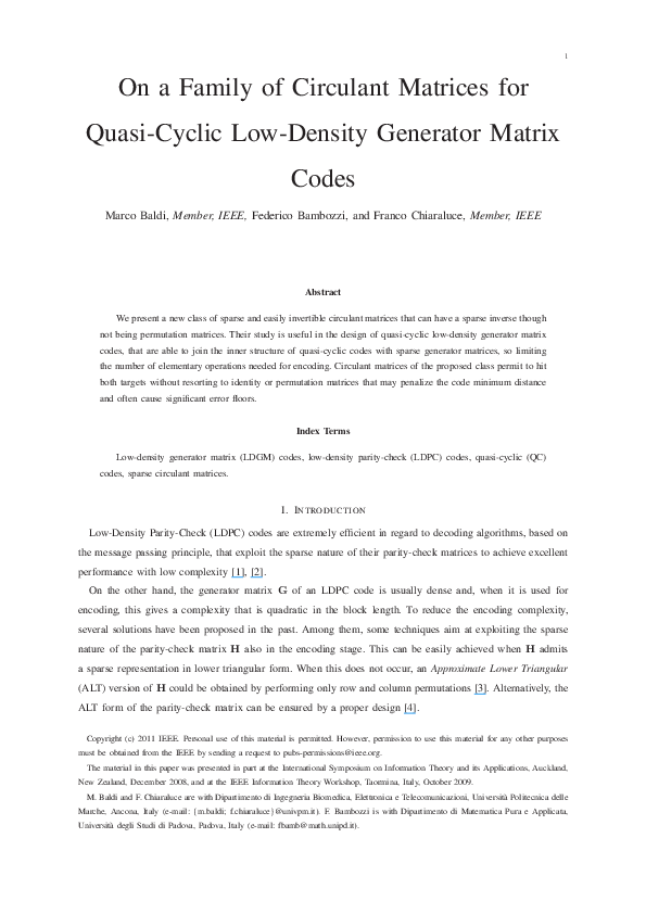 (PDF) On a Family of Circulant Matrices for Quasi-Cyclic Low-Density ...