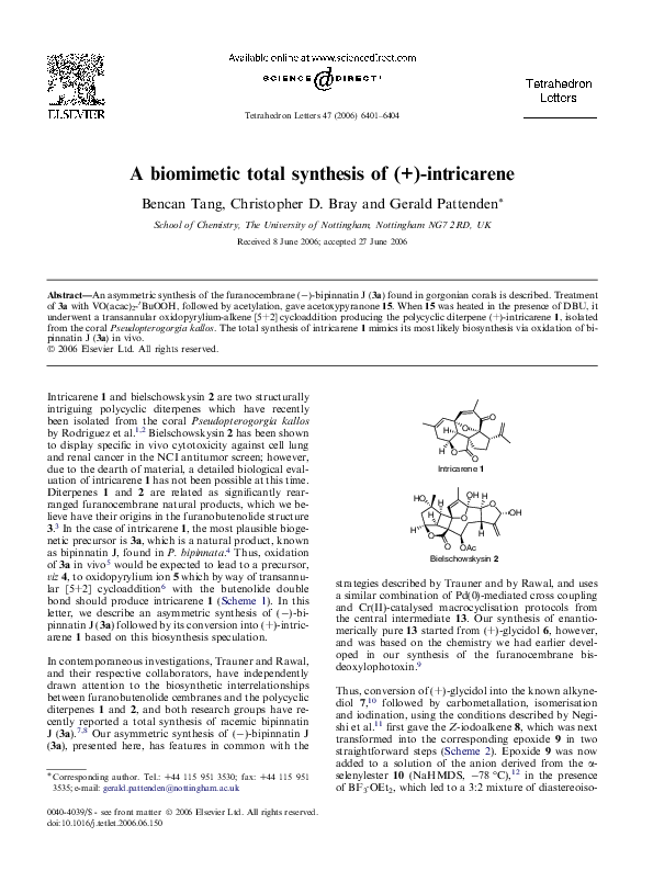 (PDF) A biomimetic total synthesis of (+)-intricarene