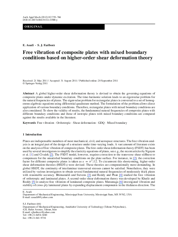 Pdf Free Vibration Of Composite Plates With Mixed Boundary Conditions Based On Higher Order