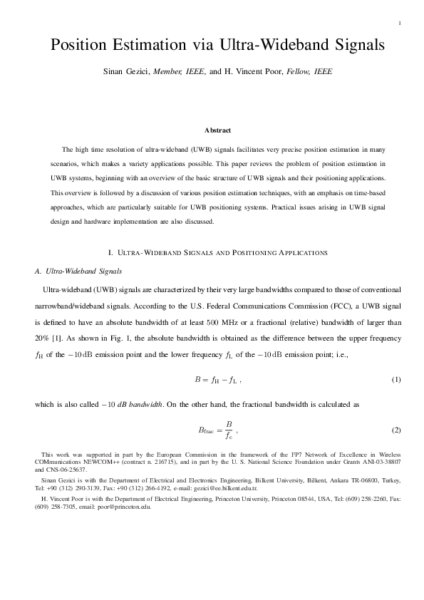 Pdf Position Estimation Via Ultra Wide Band Signals