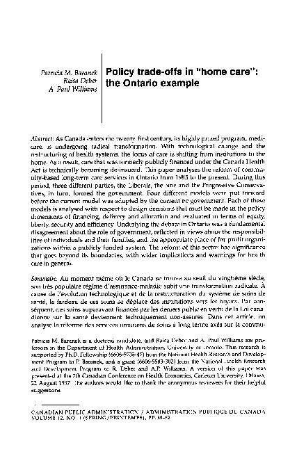(PDF) Policy trade-offs in "home care": the Ontario example