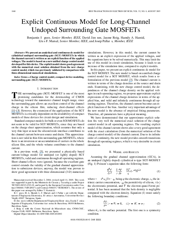 (PDF) Explicit continuous model for long-channel undoped surrounding gate MOSFETs