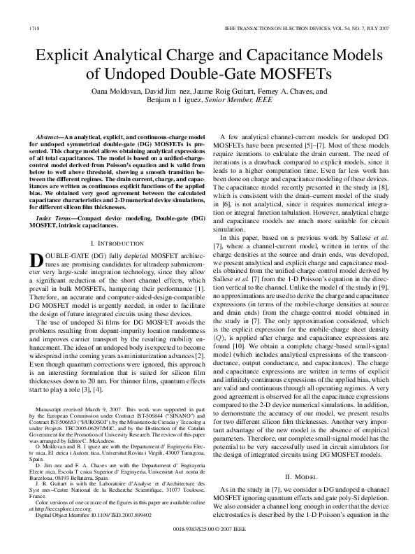 (PDF) Explicit Analytical Charge and Capacitance Models of Undoped Double-Gate MOSFETs