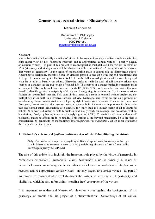 (PDF) Generosity as a central virtue in Nietzsche's ethics1
