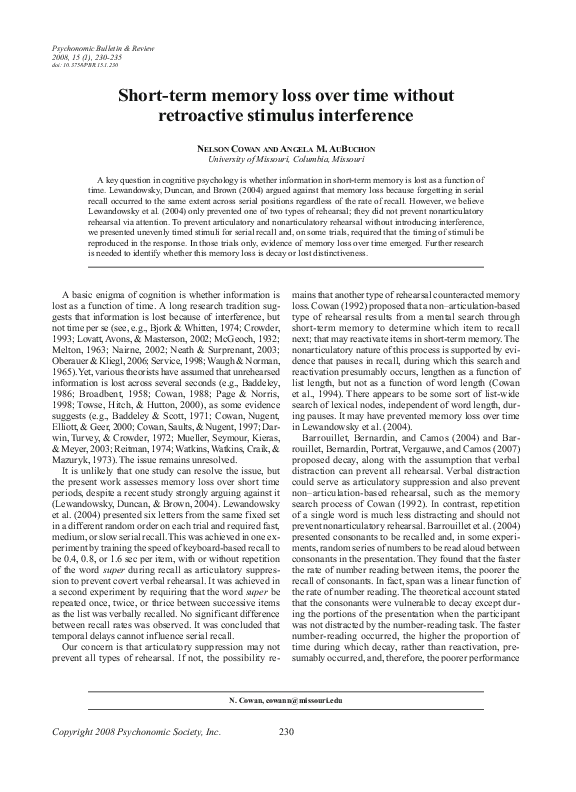 (PDF) Short-term memory loss over time without retroactive stimulus interference