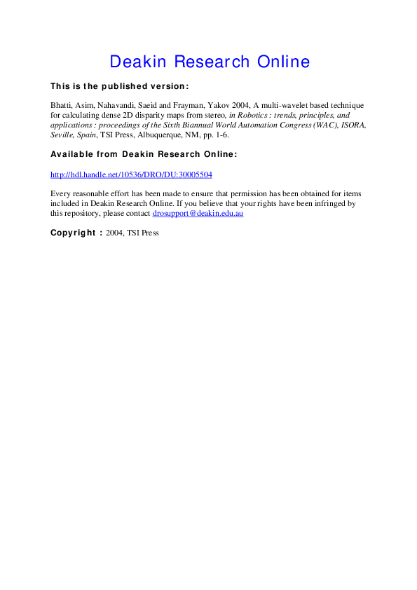 Pdf A Multi Wavelet Based Technique For Calculating Dense 2d Disparity Maps From Stereo