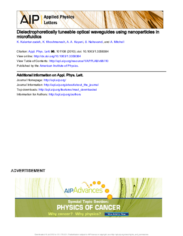 (PDF) Dielectrophoretically tuneable optical waveguides using nanoparticles in microfluidics