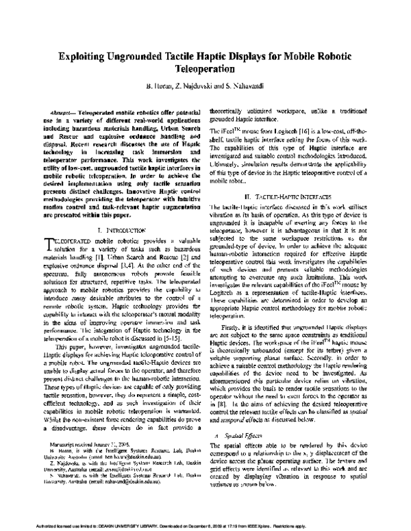 (PDF) Exploiting ungrounded tactile haptic displays for mobile robotic teleoperation
