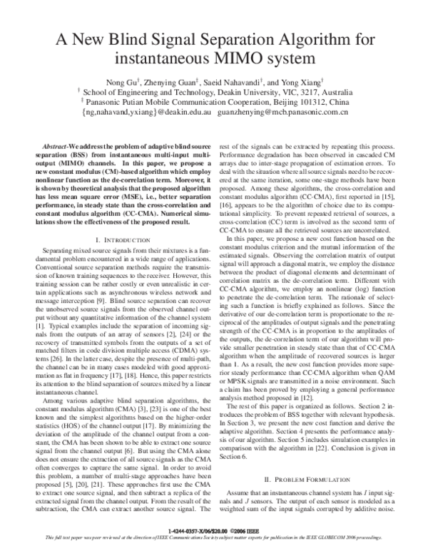 Pdf Spc01 2 A New Blind Signal Separation Algorithm For Instantaneous Mimo System