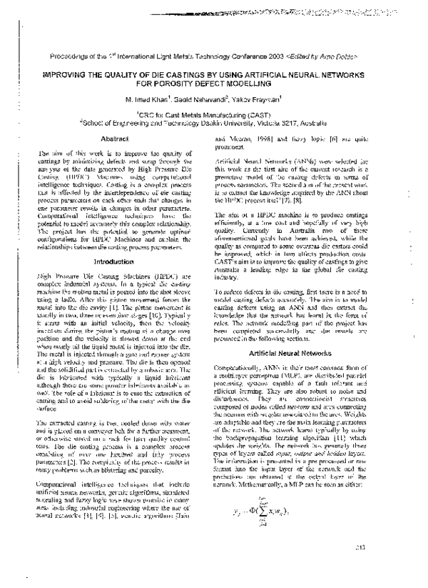 Pdf Improving The Quality Of Die Castings By Using Artificial Neural Networks For Porosity