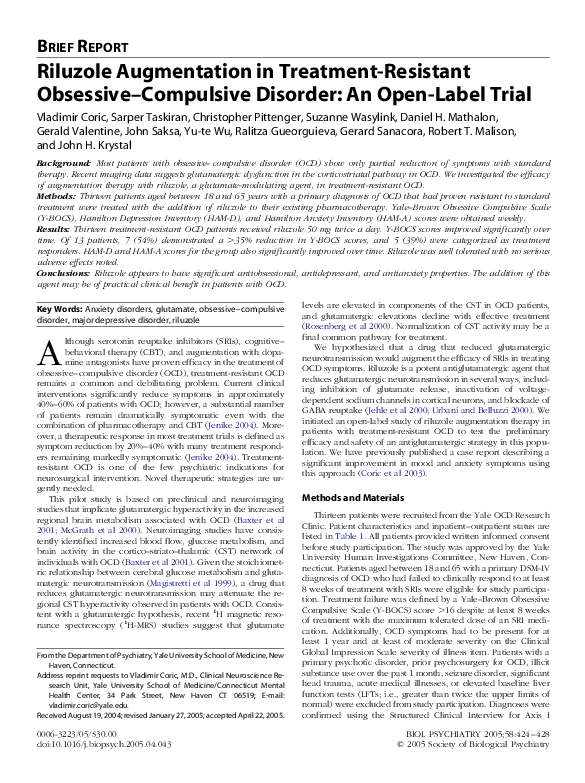 (PDF) Riluzole Augmentation in Treatment-Resistant Obsessive–Compulsive Disorder: An Open-Label ...