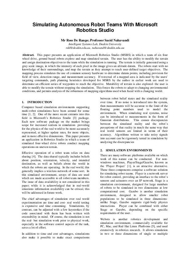 (PDF) Simulating autonomous robot teams with Microsoft robotics studio