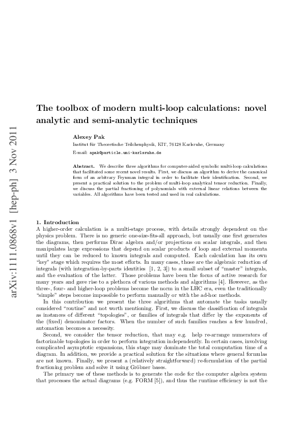 Pdf The Toolbox Of Modern Multi Loop Calculations Novel Analytic And
