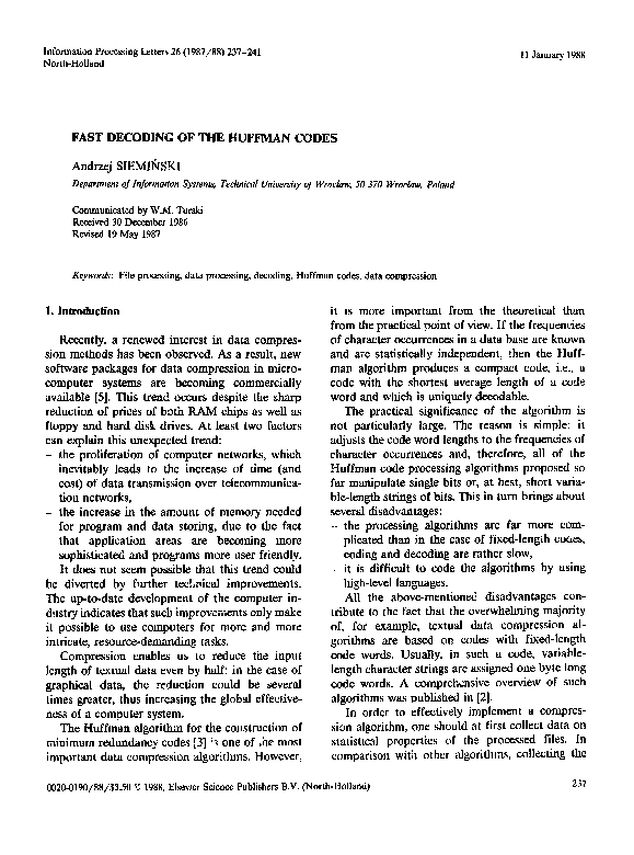 Pdf Fast Decoding Of The Huffman Codes Andrzej Sieminski