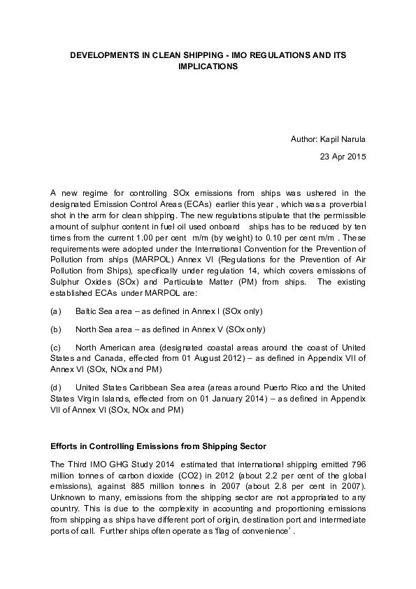 (PDF) DEVELOPMENTS IN CLEAN SHIPPING IMO REGULATIONS AND ITS IMPLICATIONS