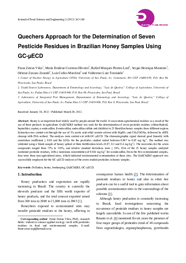 (PDF) QuEChERS Approach For The Determination Of Seven Pesticide Residues In Brazilian Honey ...