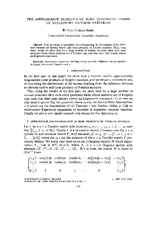 (PDF) THE APPROXIMATE DENSITIES OF SOME QUADRATIC FORMS OF STATIONARY RANDOM VARIABLES