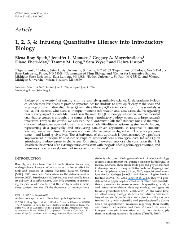 (PDF) 1, 2, 3, 4: Infusing Quantitative Literacy into Introductory Biology