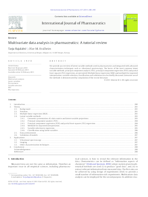 (PDF) Multivariate data analysis in pharmaceutics: A tutorial review