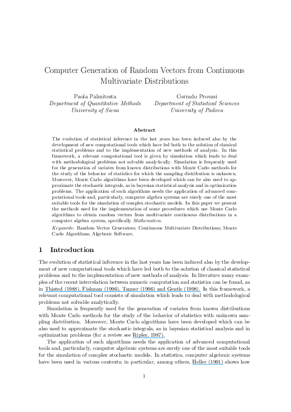 (PDF) Computer Generation of Random Vectors from Continuous Multivariate Distributions