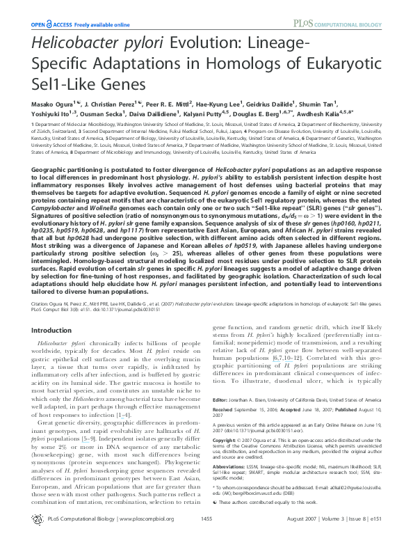 (PDF) Helicobacter pylori Evolution: Lineage-Specific Adaptations in Homologs of Eukaryotic Sel1 ...