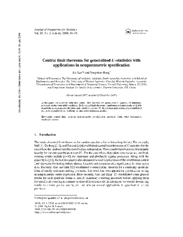 Pdf Nonparametric Methods In Continuous Time Model Specification Jiti Gao