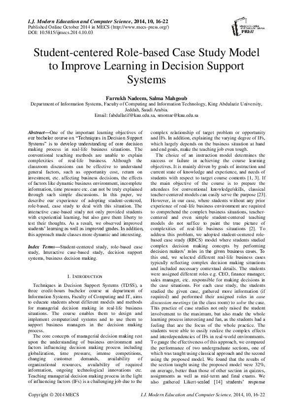 (PDF) Student-centered Role-based Case Study Model to Improve Learning in Decision Support ...